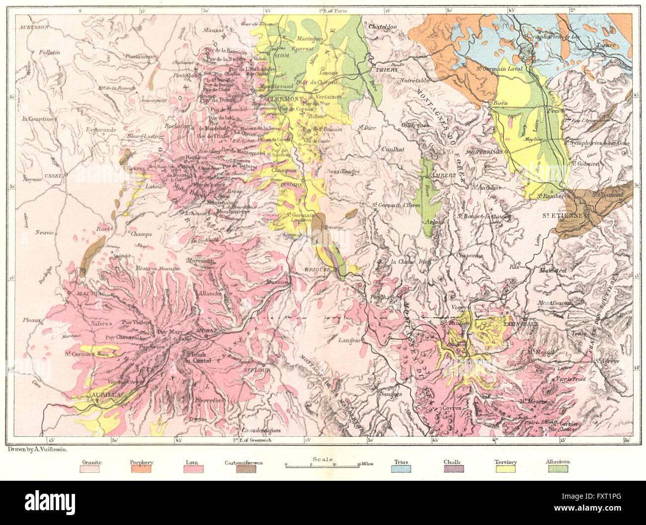 CENTRAL FRANCE: Volcanoes of, Geological, c1885 antique map Stock Photo ...
