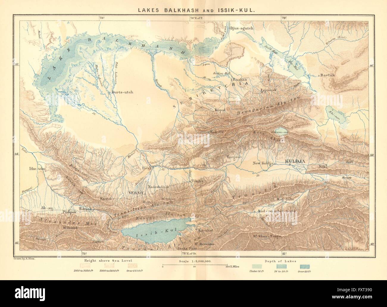 KAZAKHSTAN: Lakes Balkhash & Issyk Kul, c1885 antique map Stock Photo ...