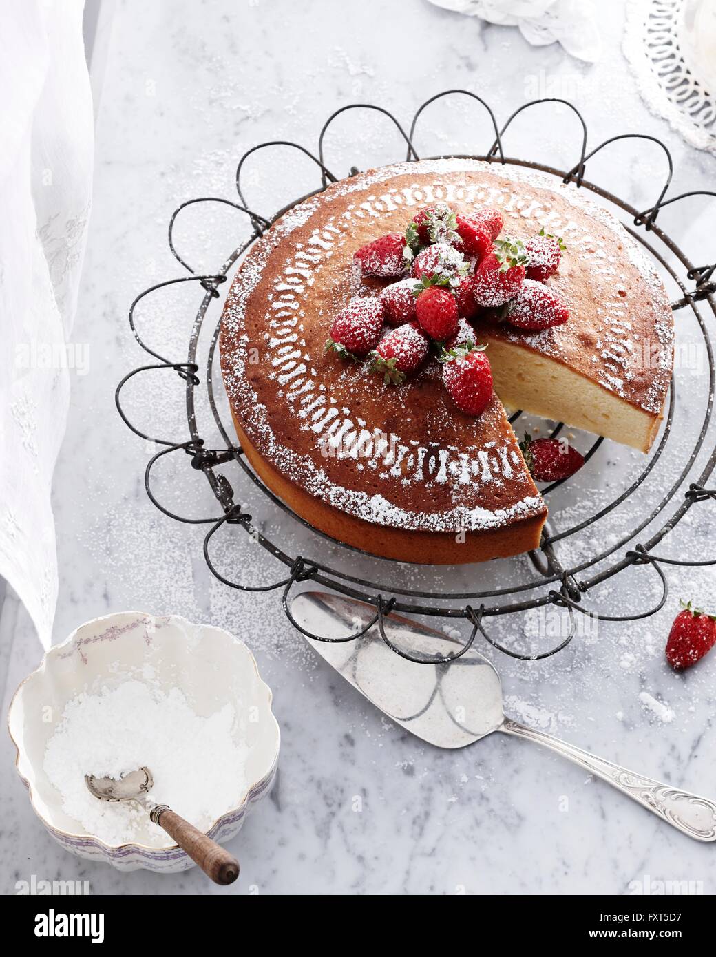 Overhead view of lemon sour cream cake on traditional cake stand Stock ...