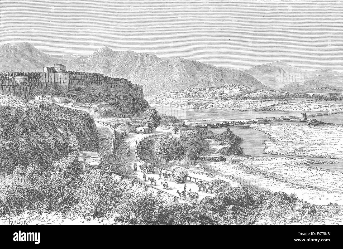 INDUS: Citadel of Attock & bridge boats, antique print c1885 Stock ...