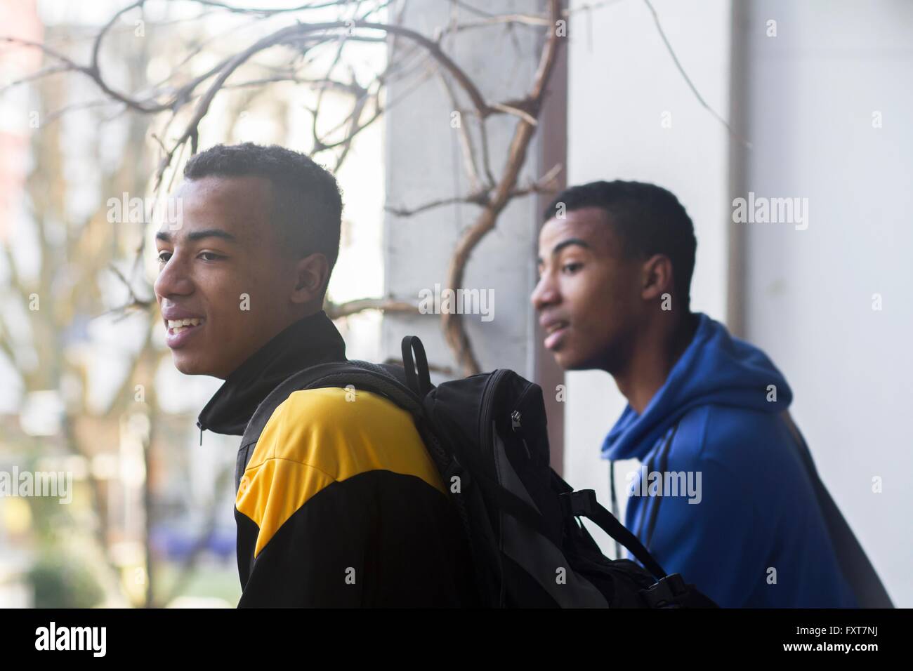 Twin brothers looking out of window Stock Photo - Alamy