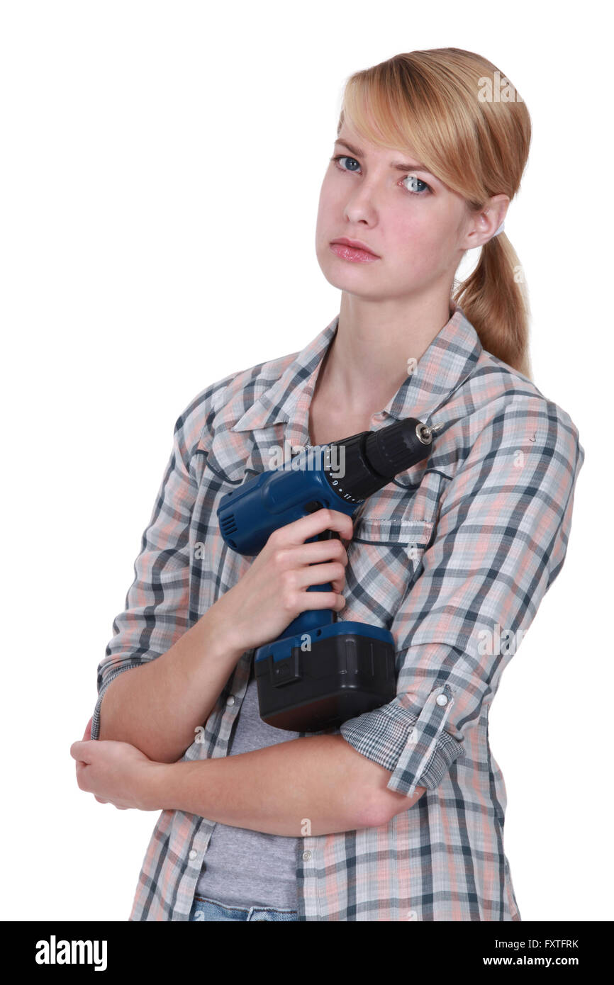 Woman with drill Stock Photo - Alamy