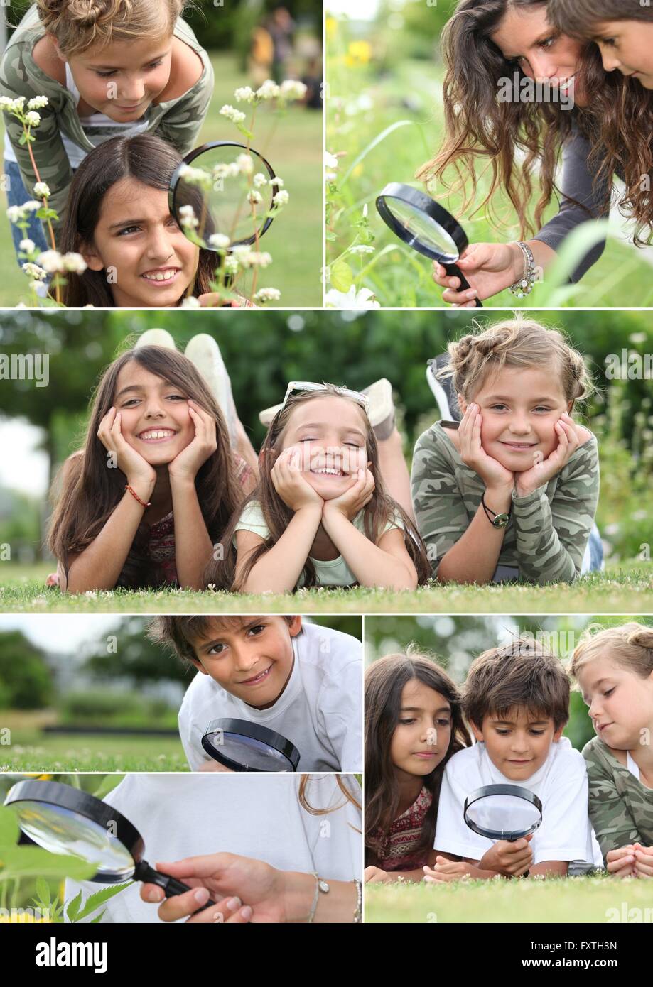 Montage of kids playing with magnifying glass Stock Photo - Alamy