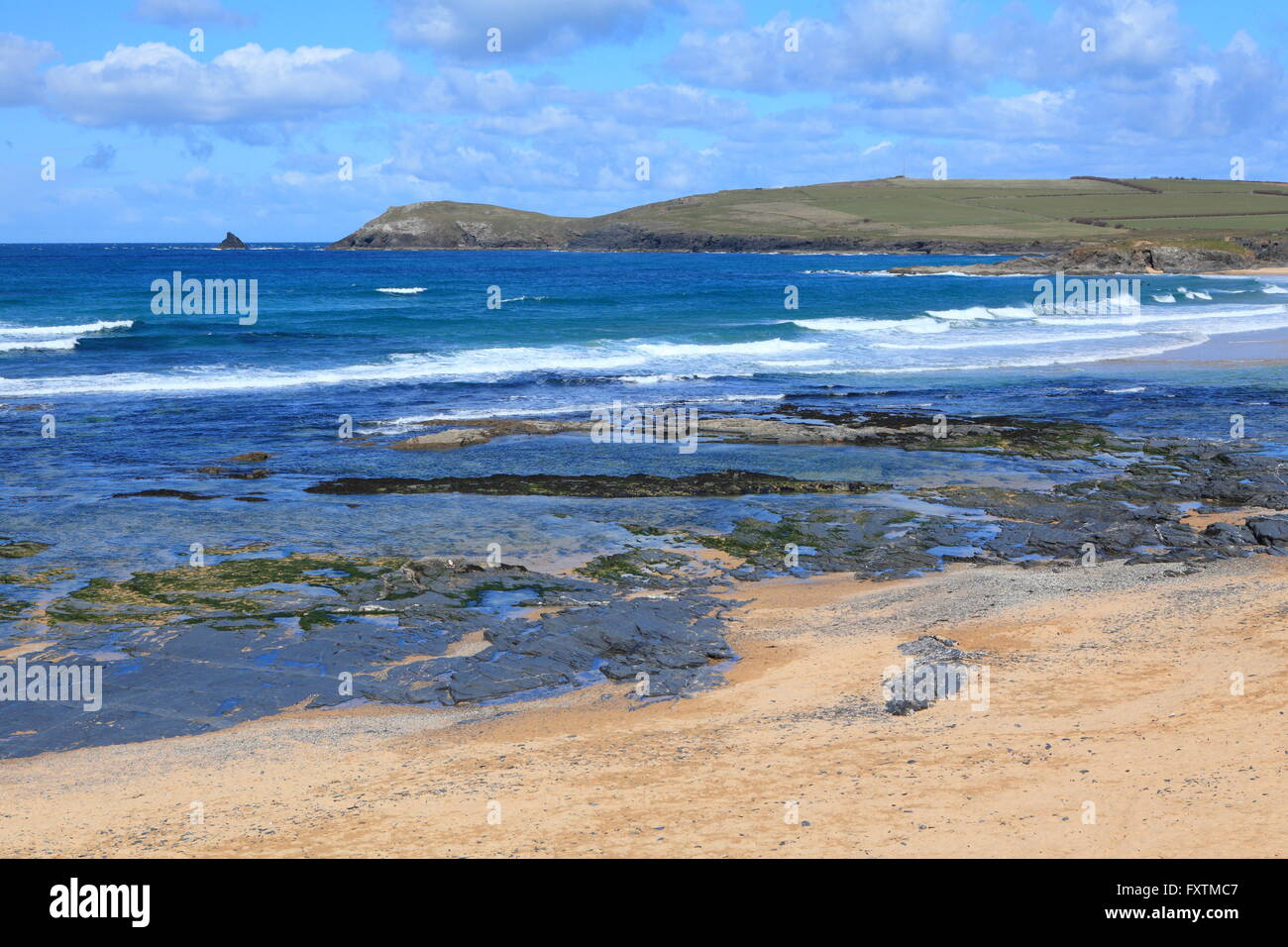 Sunny spring day at Constantine bay, Padstow, North Cornwall, England ...