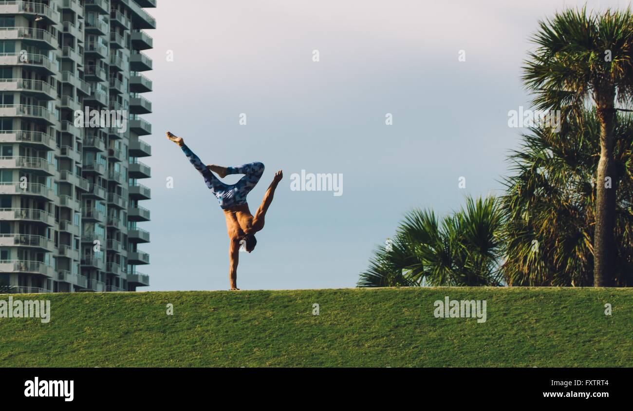 Mature man doing one handed handstand on grass, South Pointe Park ...