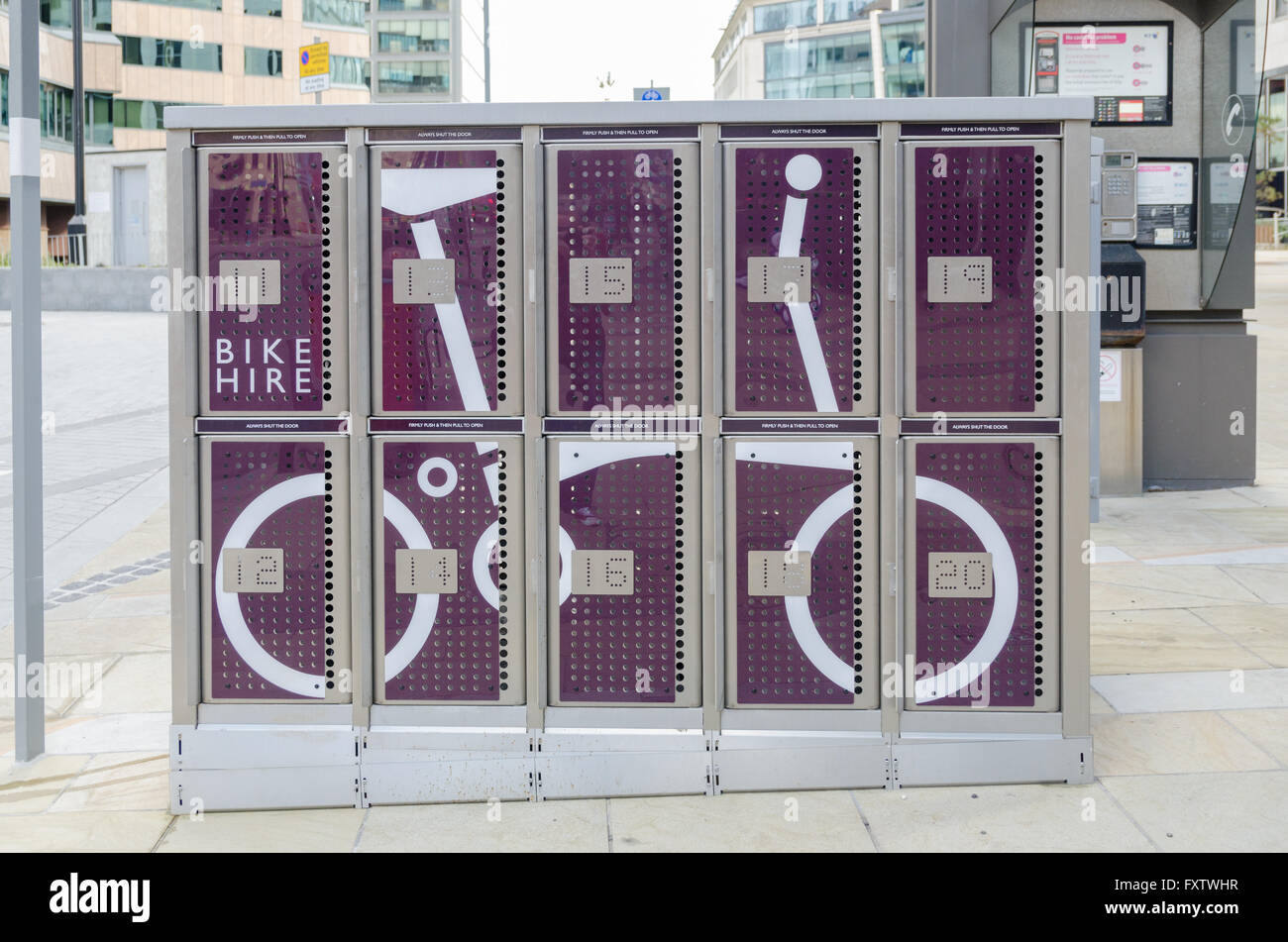 Bike hire lockers for folding bicycles in Colmore Row, Birmingham Stock ...
