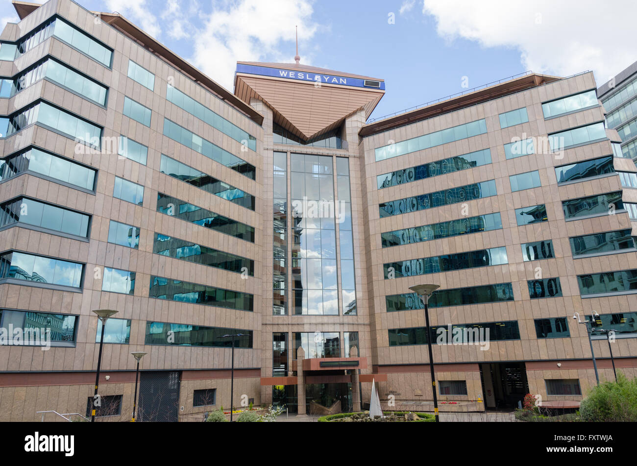 Wesleyan sign on office block in Colmore Circus, Birmingham Stock Photo ...