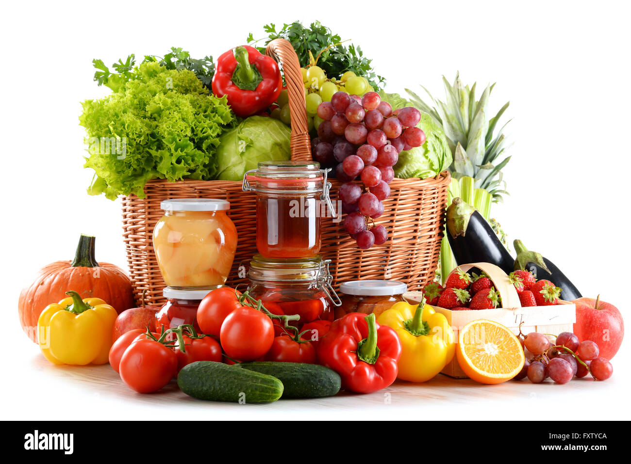 Composition with organic food isolated on white background. Balanced ...