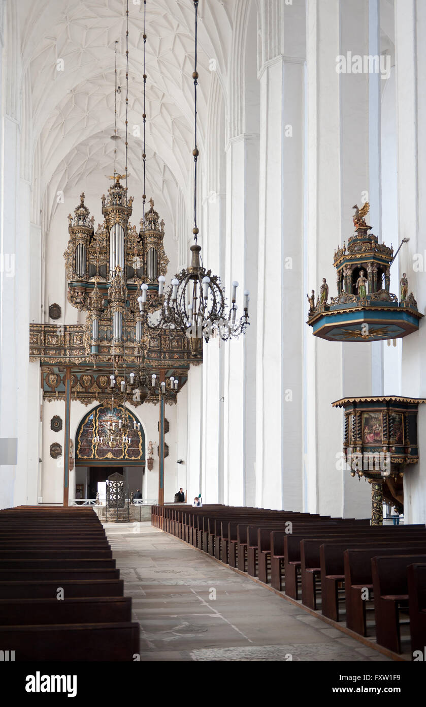 Organ and pulpit in nave with pews rows of Kosciol Mariacki in Gdansk ...
