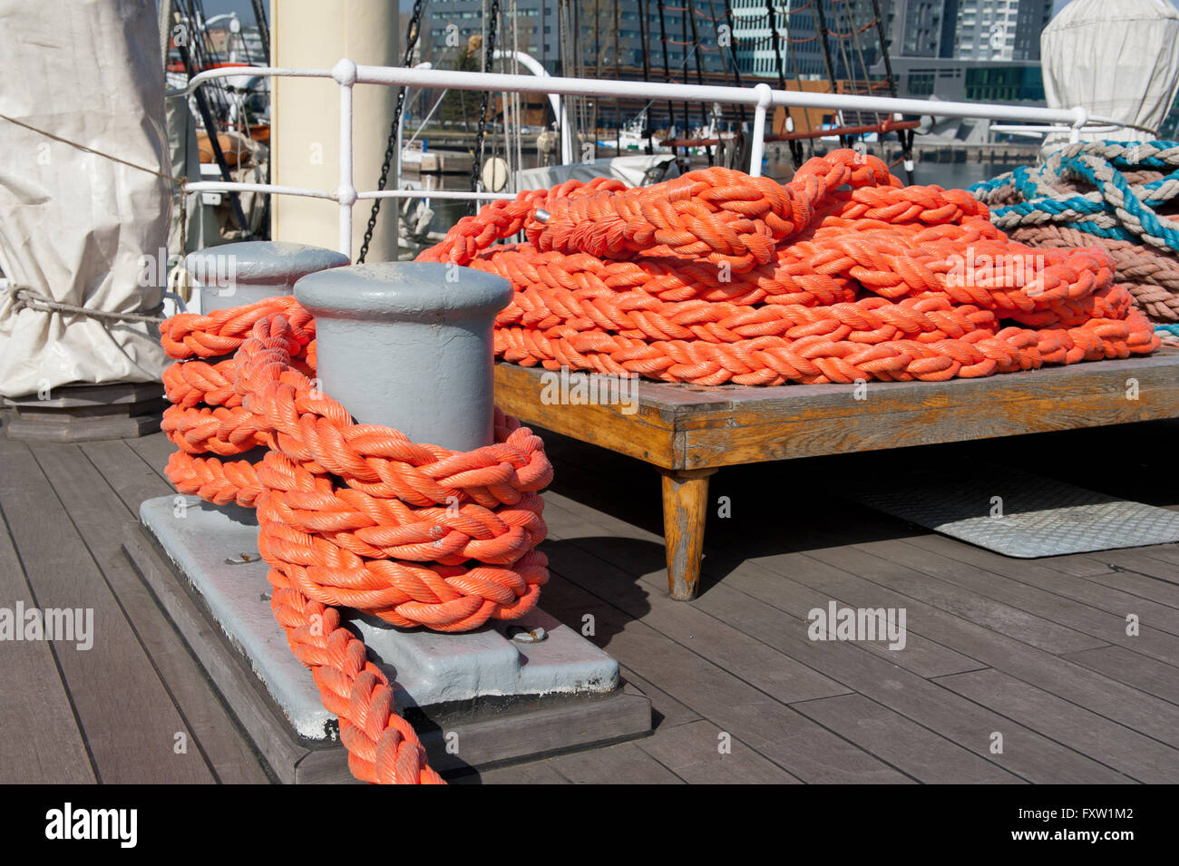 Dar Pomorza ship ropes closeup on the sailing vessel deck in Gdynia ...