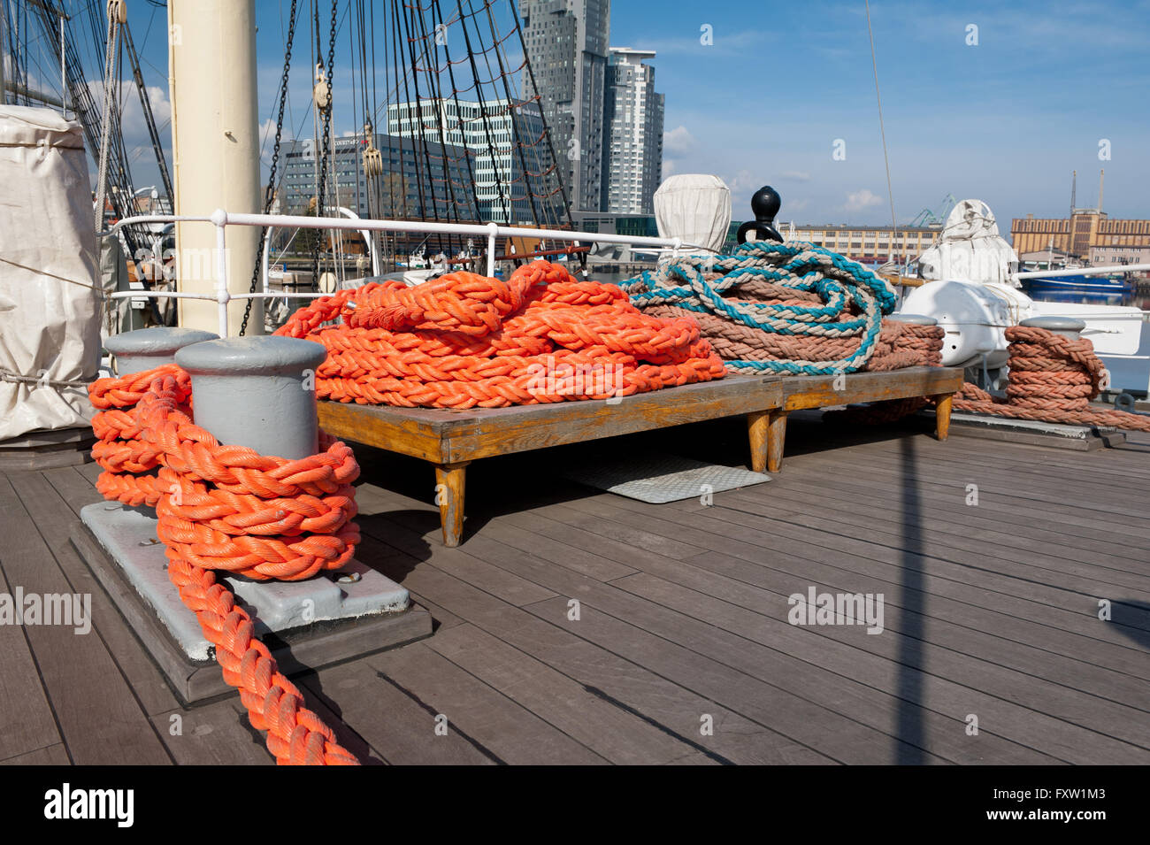 Dar Pomorza ship ropes on the sailing vessel deck in Gdynia, Poland ...