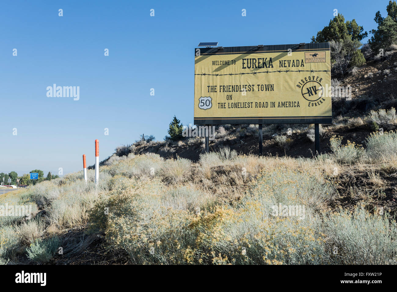 A sign along Highway 50 in Eureka, Nevada reading "The Friendliest Town ...