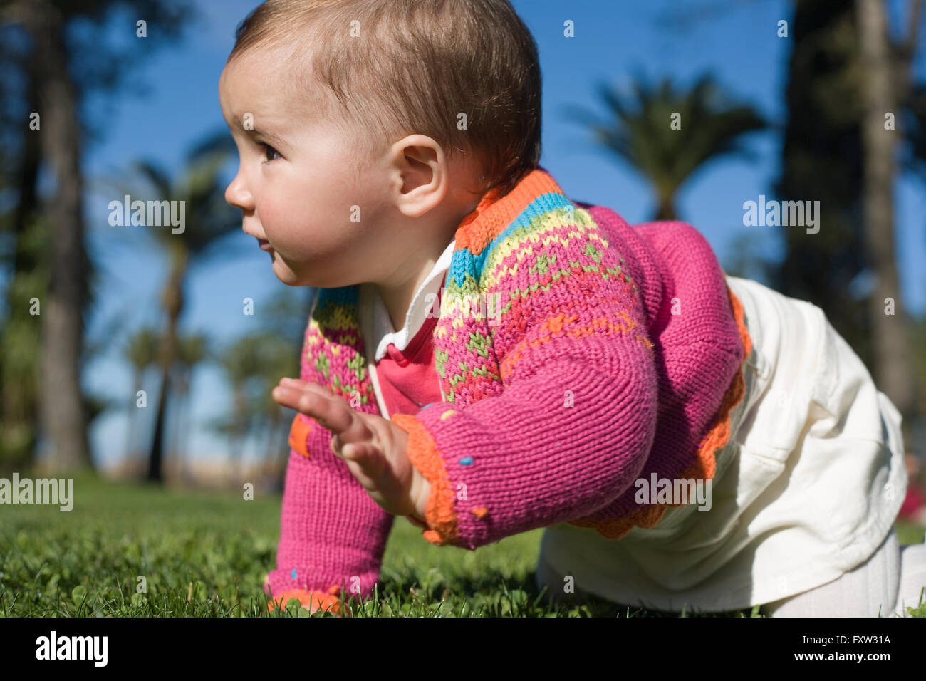 Cute baby girl learning to crawl over the grass park on springtime ...