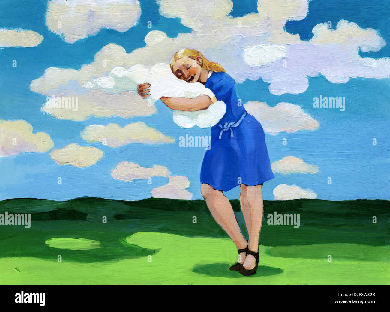 a woman with a dreamy expression embraces a white cloud Stock Photo - Alamy