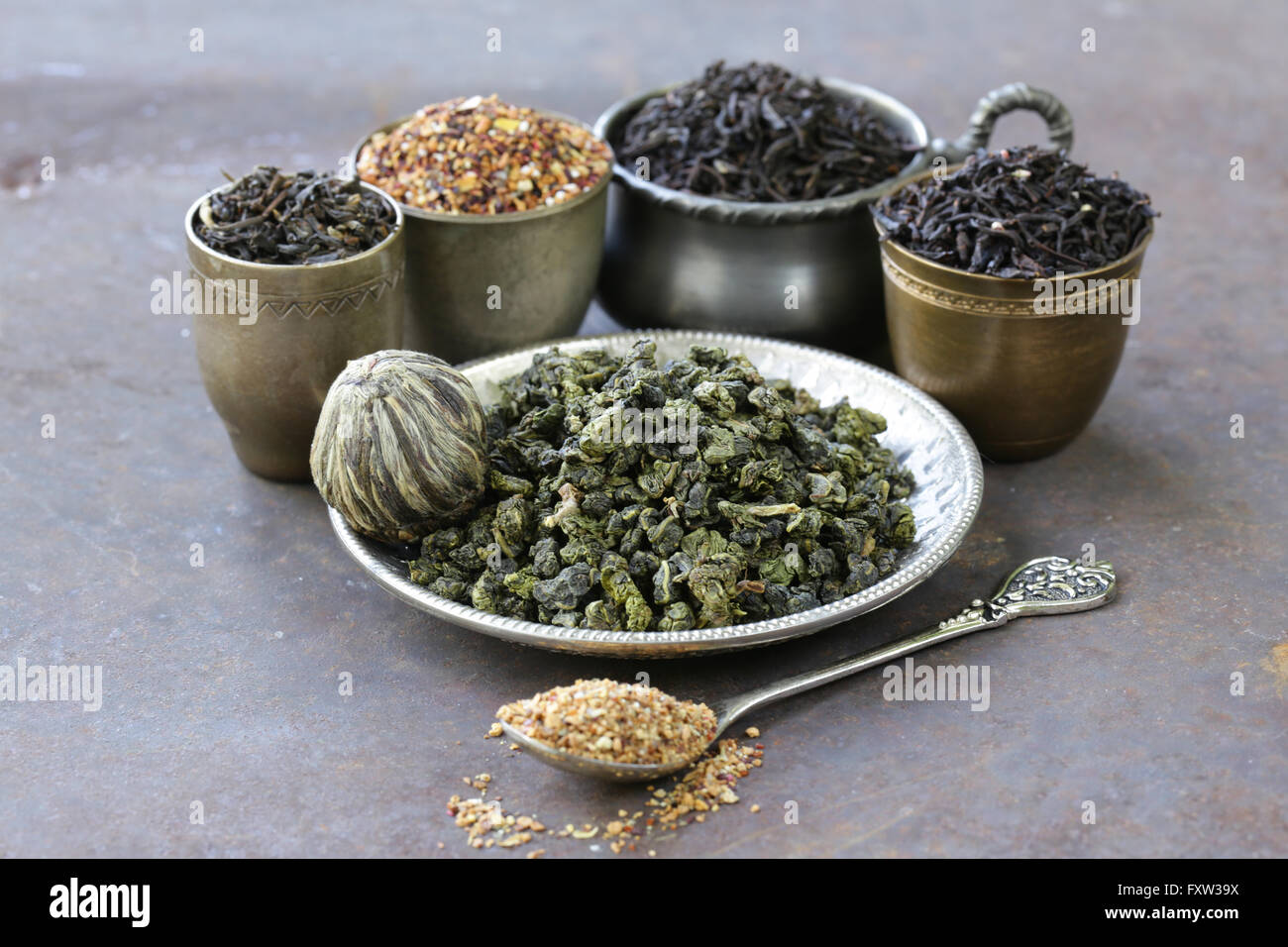 different varieties of dry tea (black, white, green Stock Photo - Alamy