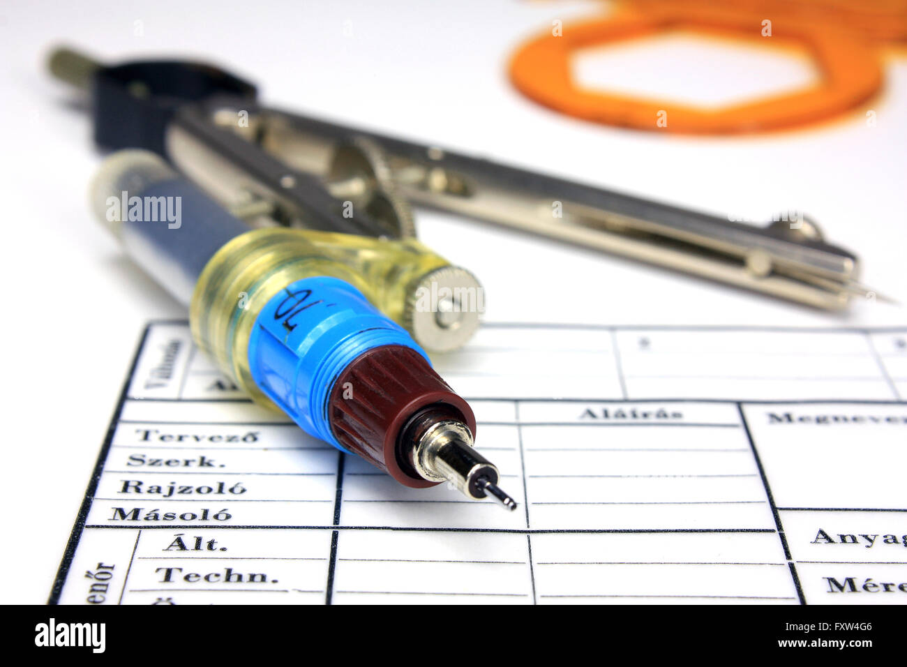 Calipers with ink close up and ruler on technical tracing paper Stock ...