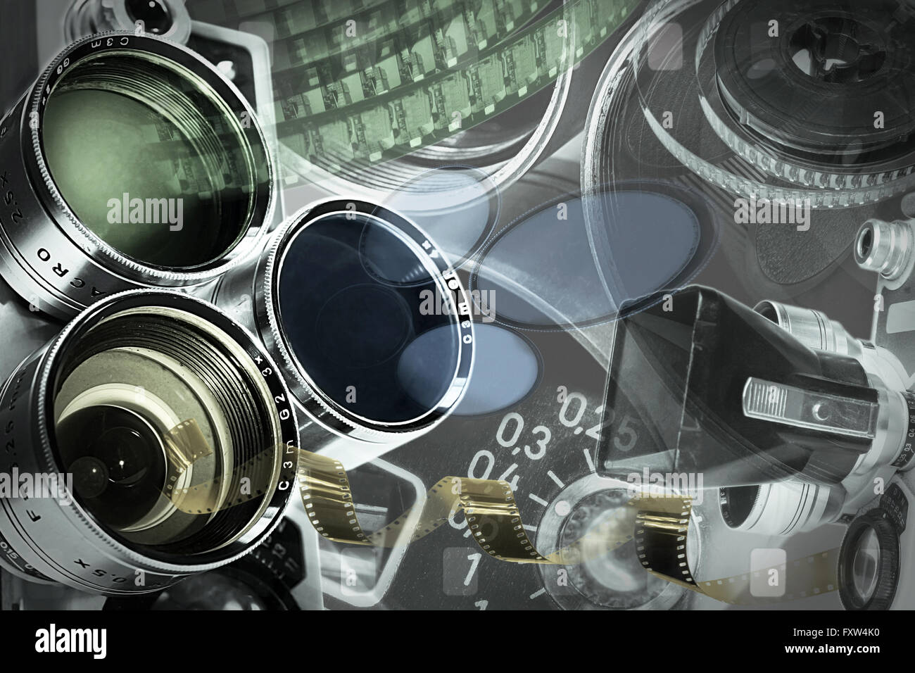 Old 8mm camera montage with films, lens, filters Stock Photo - Alamy