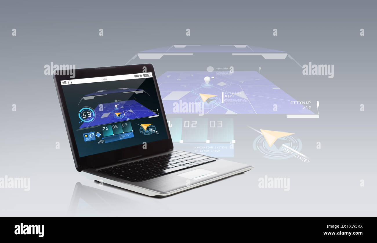 laptop computer with gps navigator map on screen Stock Photo - Alamy