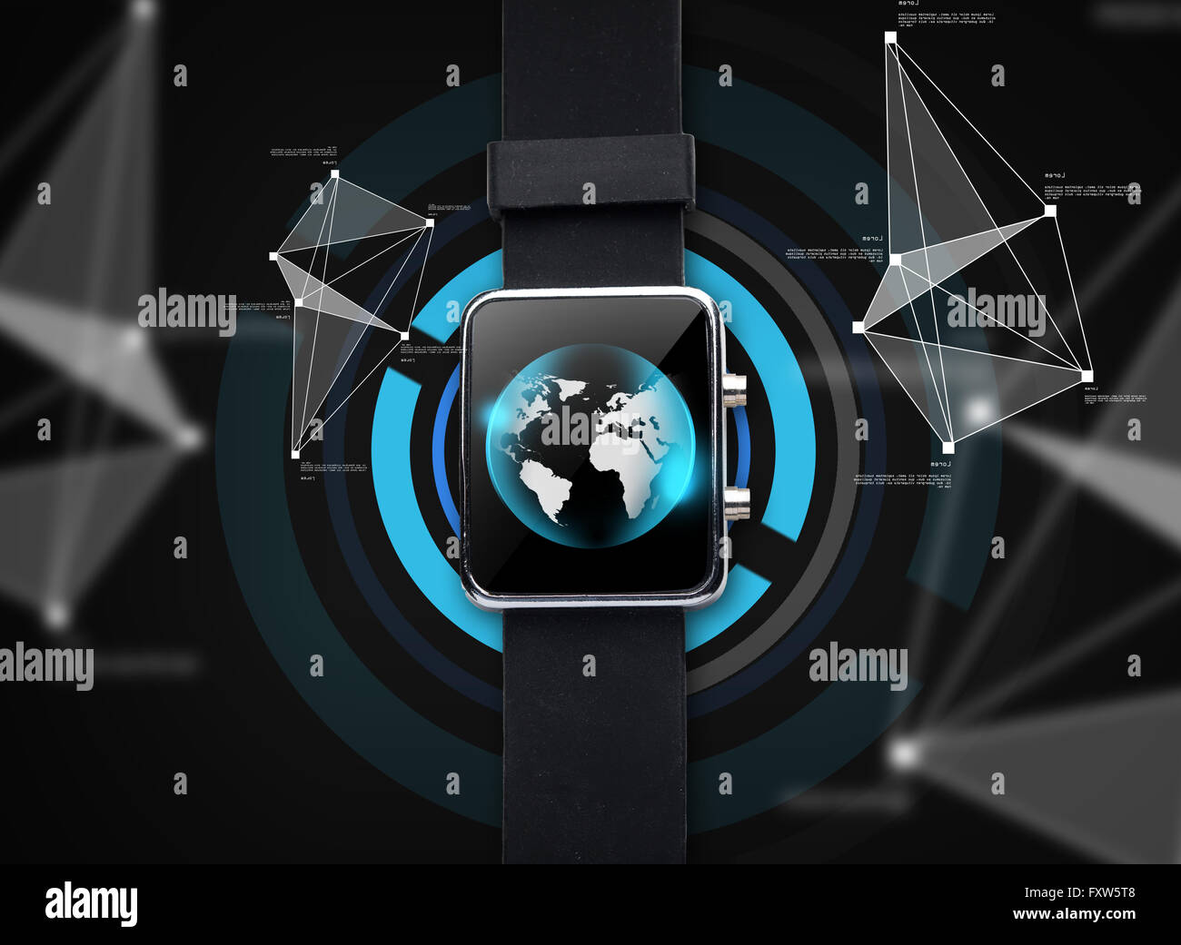 close up of black smart watch with world globe Stock Photo - Alamy