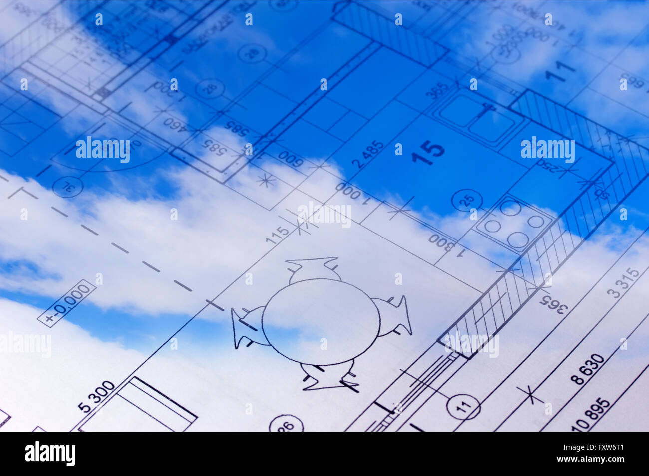 Sky with clouds and the floor plan of a house blueprint Stock Photo - Alamy