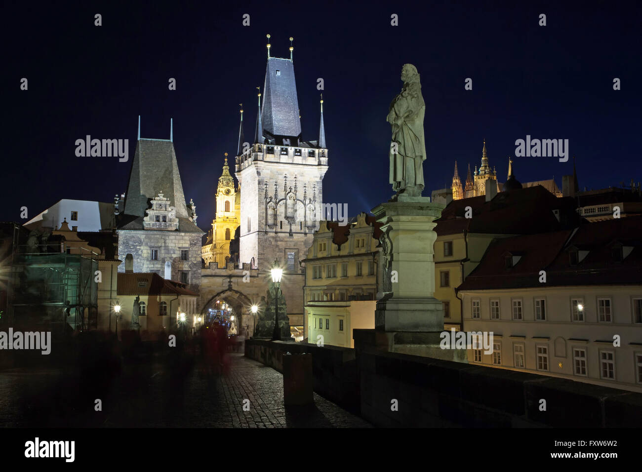 Night view of the Charles Bridge and Mala Strana Tower.(Prague, Czech ...