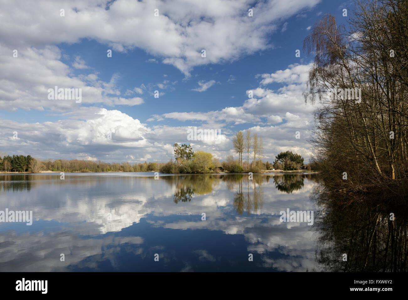Clouds and trees reflected in a lake in the cotswold water park Stock ...