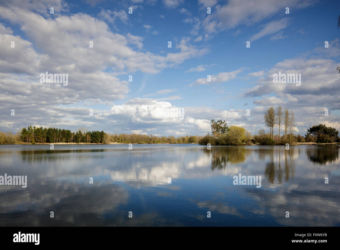 Clouds and trees reflected in a lake in the cotswold water park Stock ...