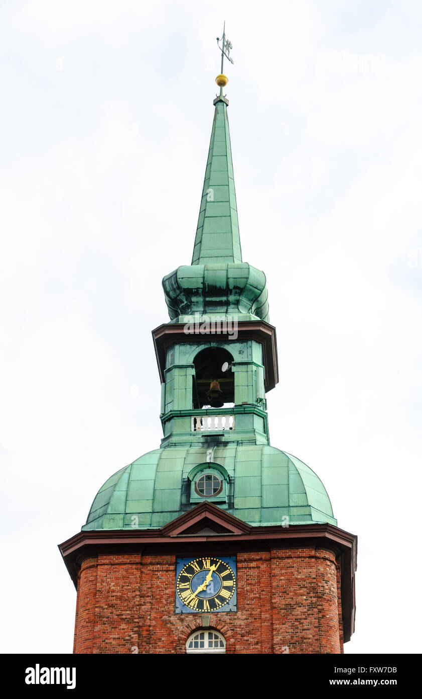 Church steeple with spire, weather vane, finial, bell and clock of St ...