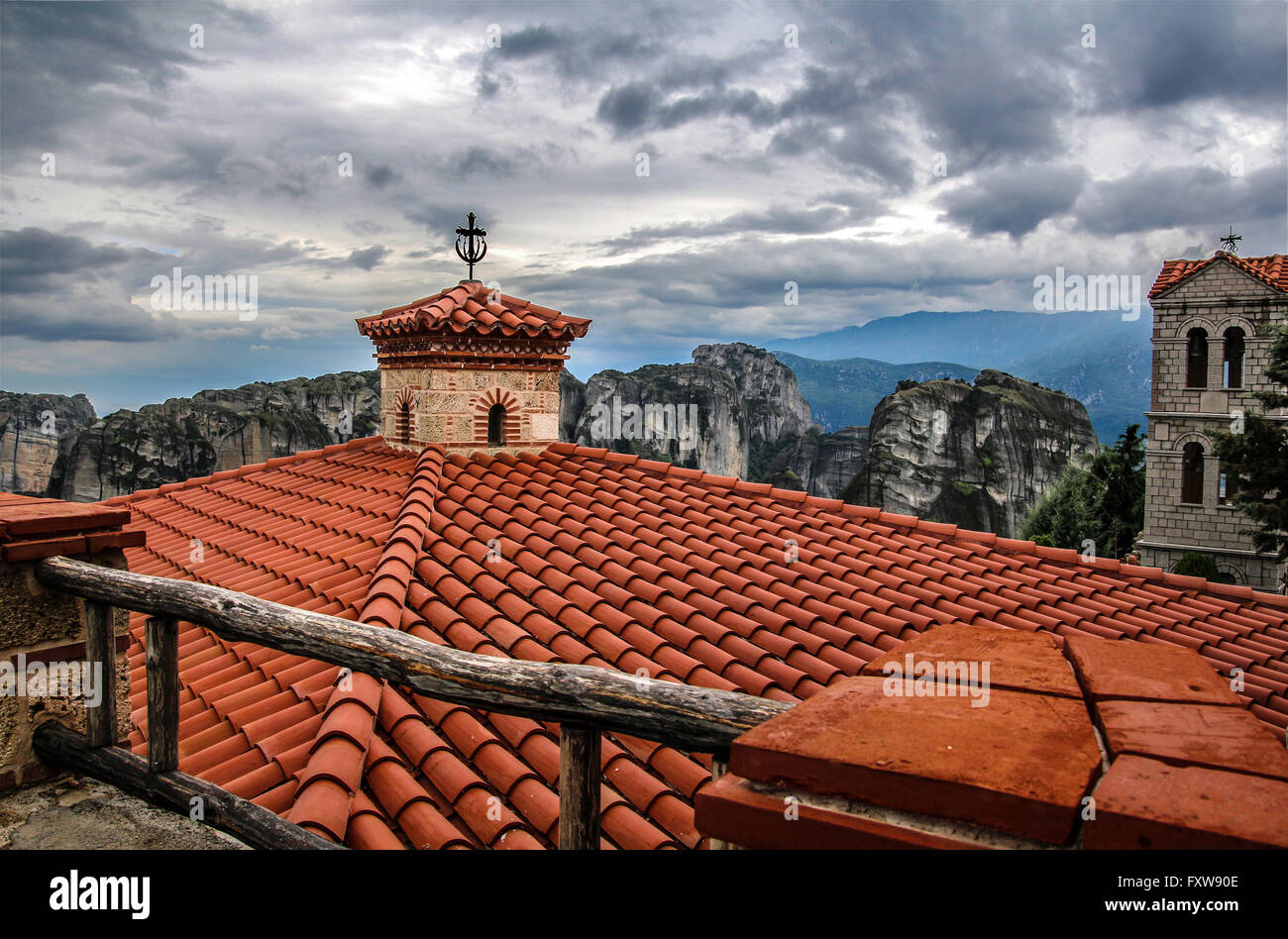 roof tiles with rock background, Meteora, Greece, Europe Stock Photo ...