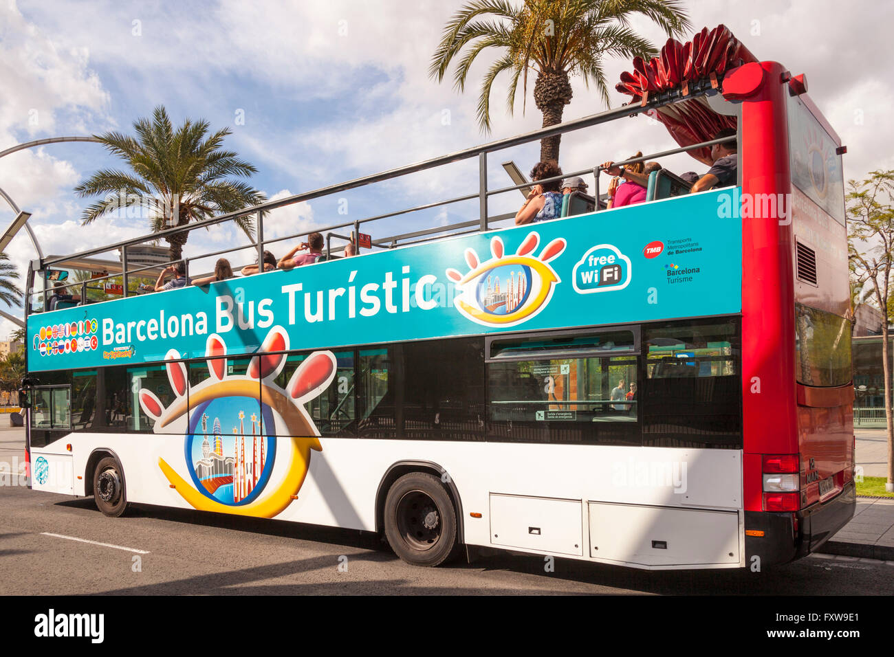 Tourists on city sightseeing tour bus, Barcelona, Spain Stock Photo - Alamy