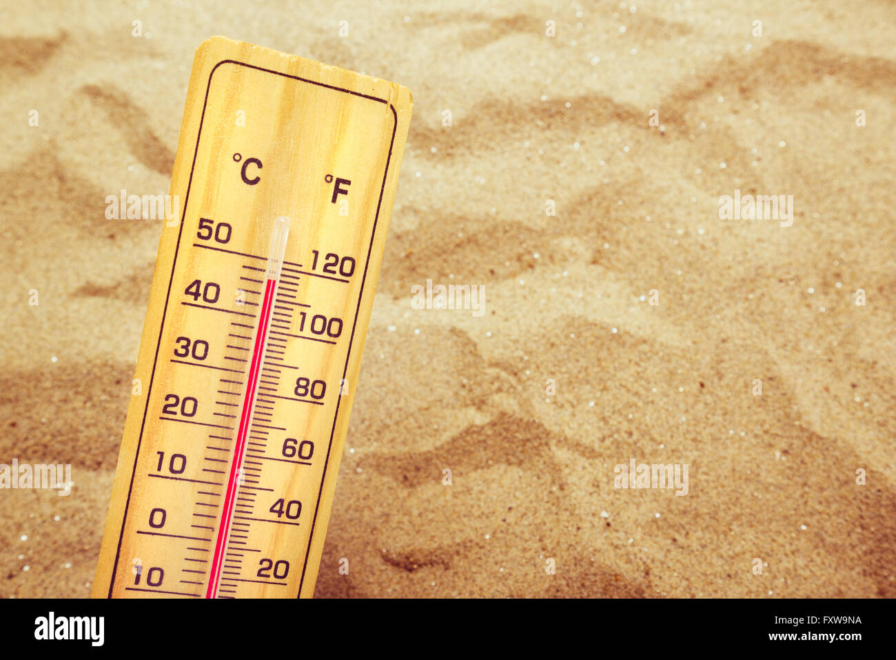 Extremely high temperatures, thermometer with celsius and farenheit ...