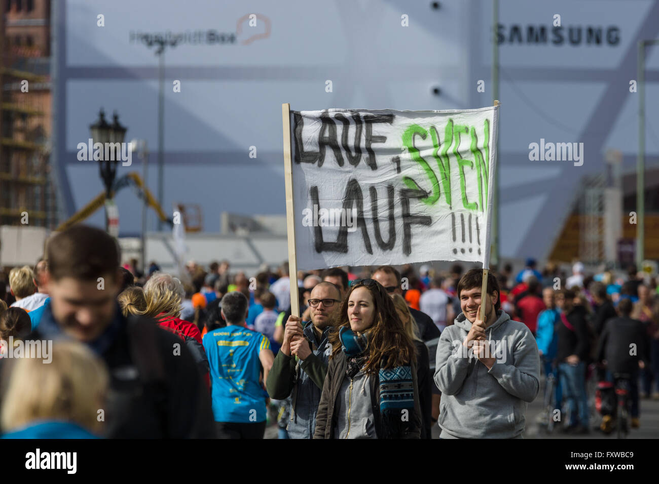 BERLIN - APRIL 03, 2016: The annual Berlin Half Marathon. Fans with a ...