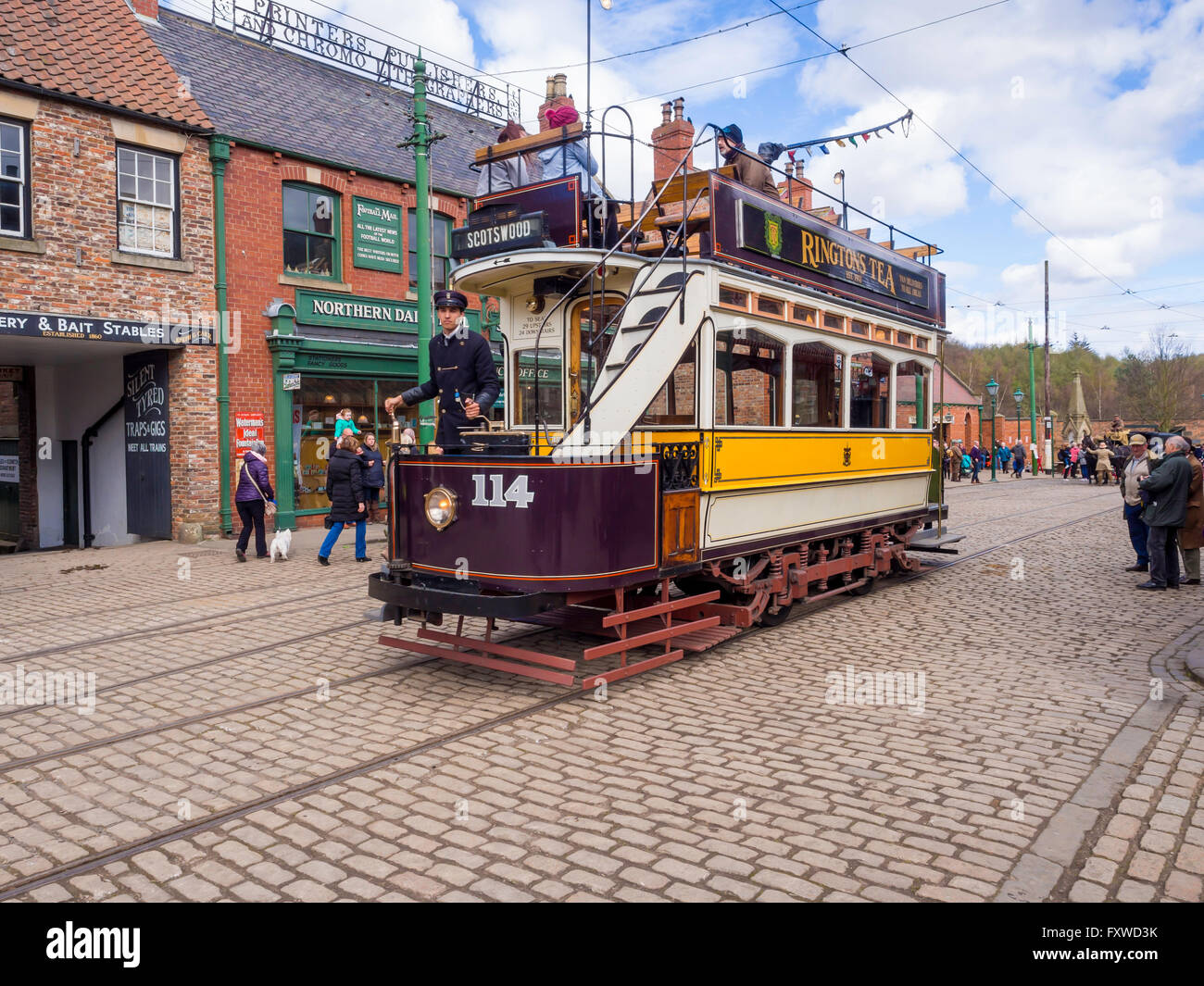 Restored open topped double decker Newcastle Tram No. 114 at Beamish ...