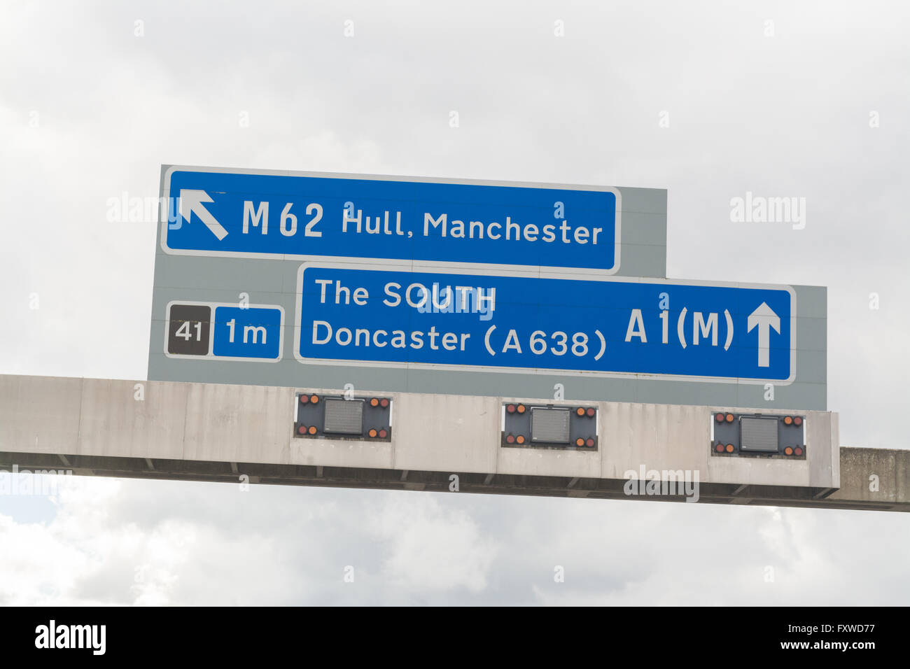 A1(M) South sign at the junction of the A1 and M62 motorways Stock ...
