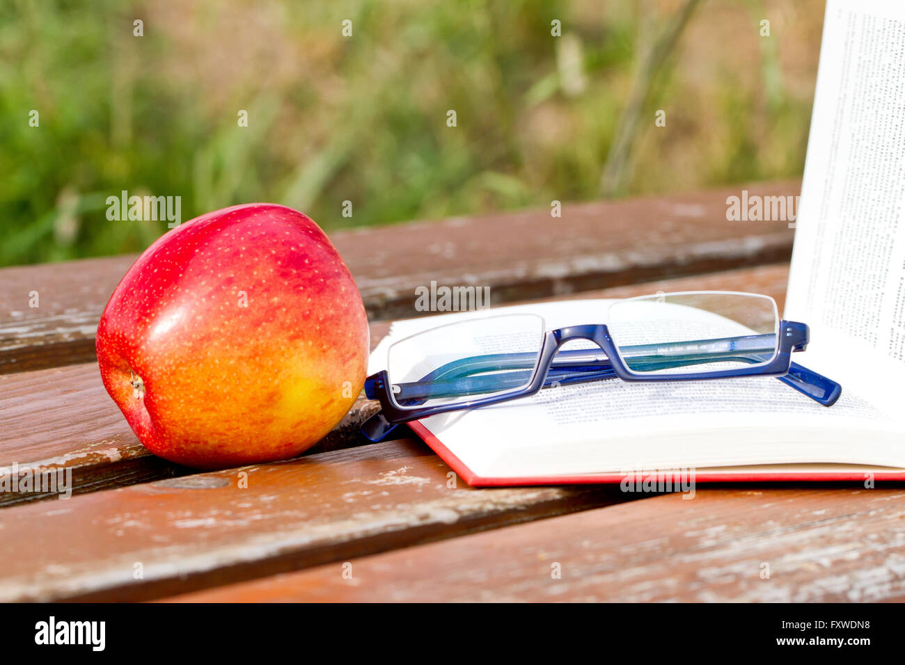 Book, apple and glasses on a bench Stock Photo - Alamy