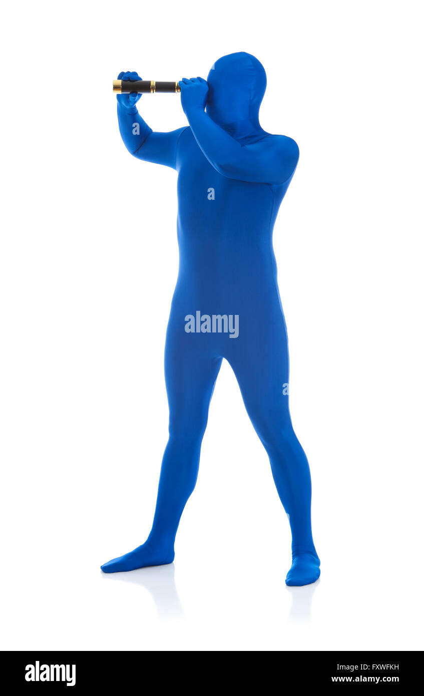 Series with a man dressed in a blue bodysuit or morphsuit. Isolated on ...
