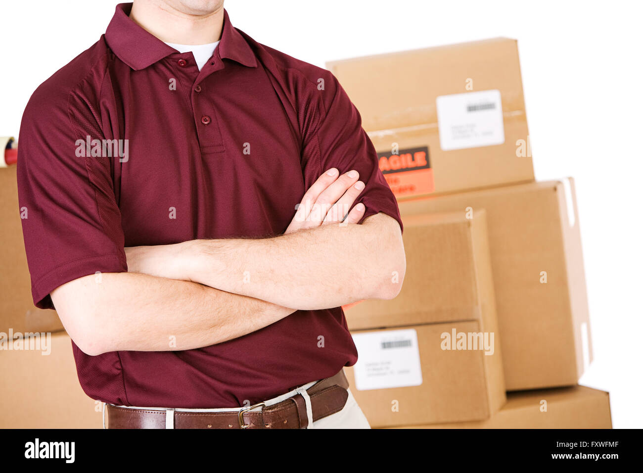 Shipping company employee, isolated on white, with boxes Stock Photo ...