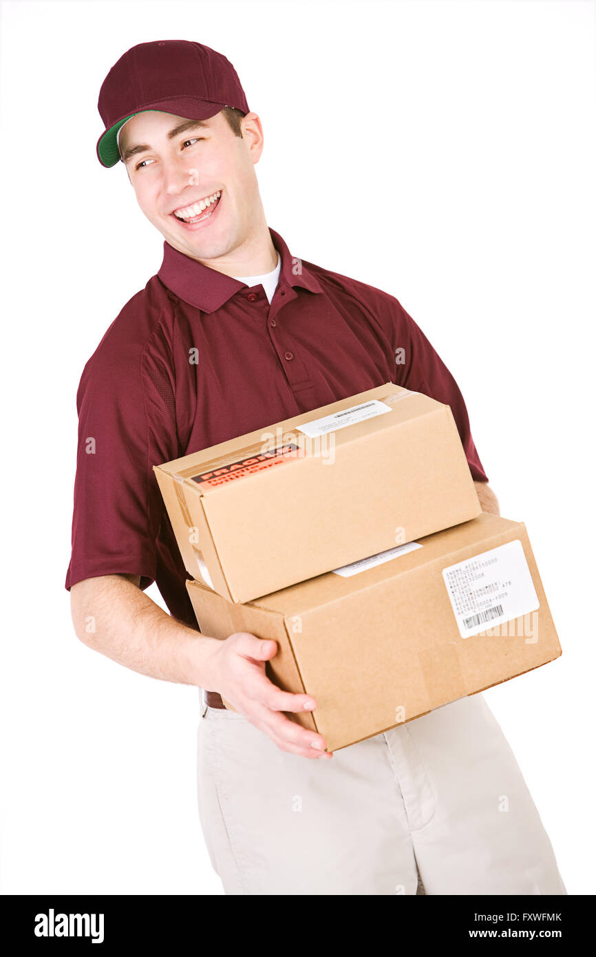 Shipping company employee, isolated on white, with boxes Stock Photo ...