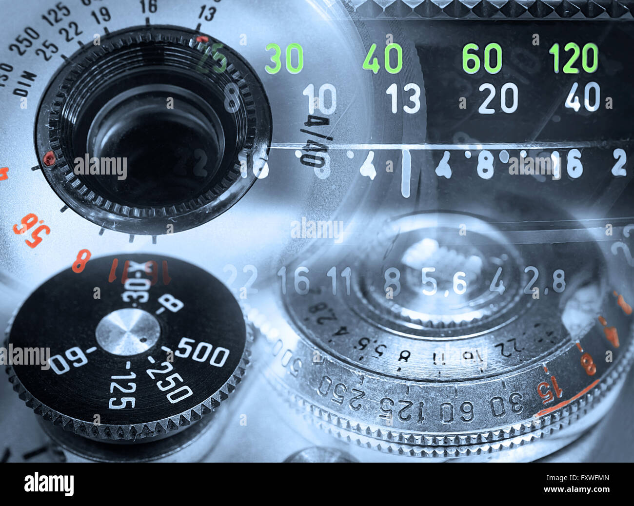 Old camera blue montage with lens, buttons, numbers Stock Photo - Alamy