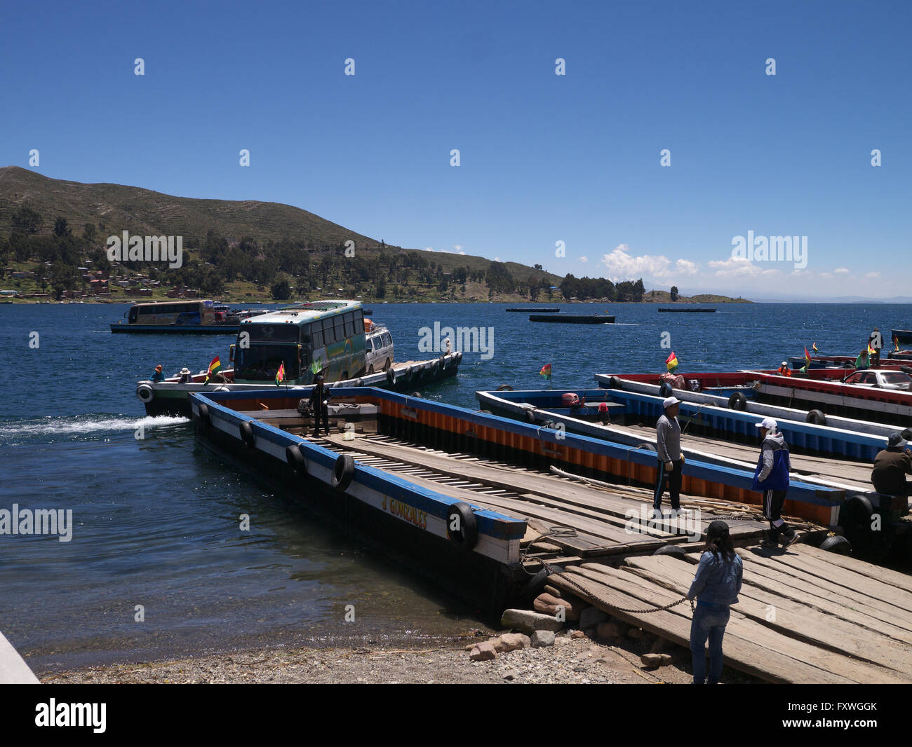Ferries crossing Lake Titicaca at Copacabana, Bolivia Stock Photo - Alamy