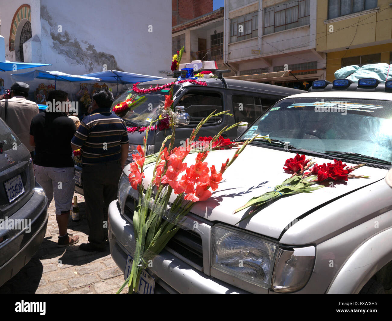 Cars decorated with flowers for festival in Copacabana Bolivia Stock ...