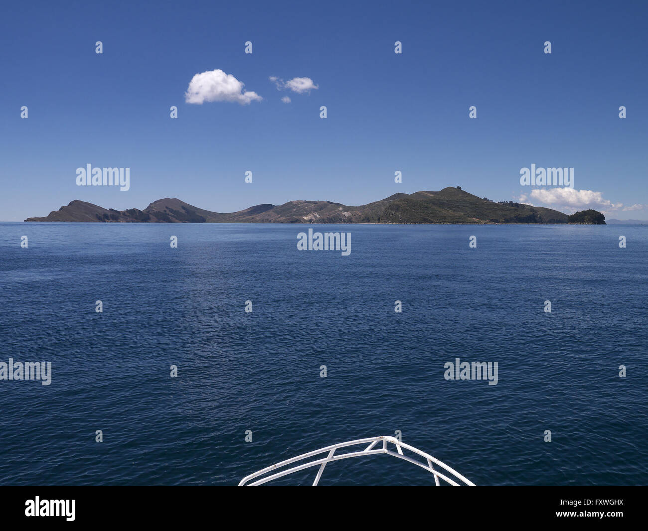 Boat taking one across Lake Titicaca Bolivia towards Isla de la Luna ...