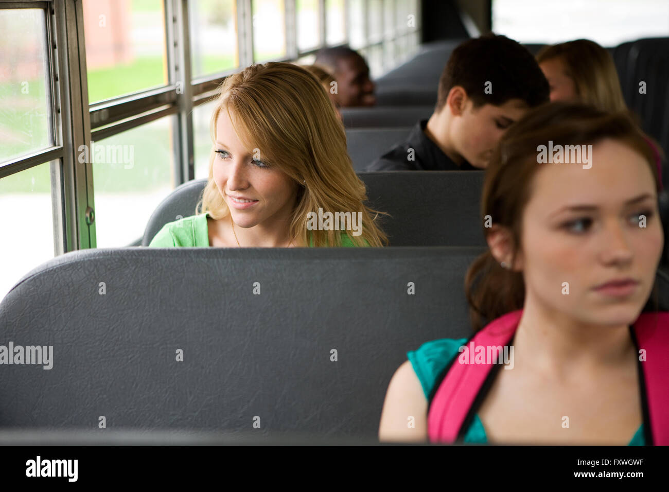 Series with multi-ethnic group of teenage students boarding and on a ...