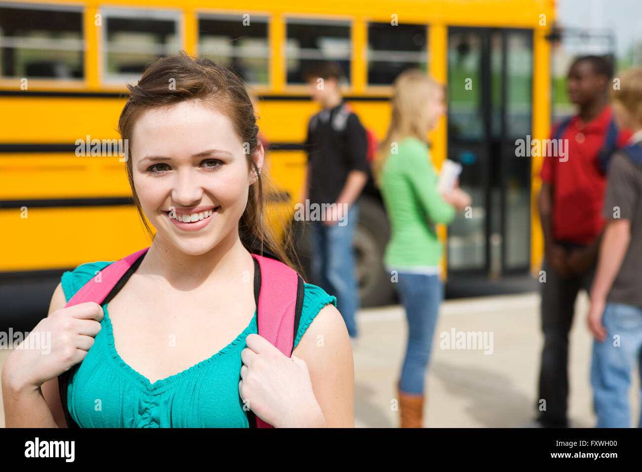 Series with multi-ethnic group of teenage students boarding and on a ...