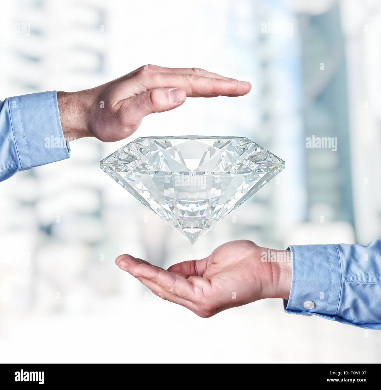 humand hands and 3d huge diamond classic cut Stock Photo - Alamy