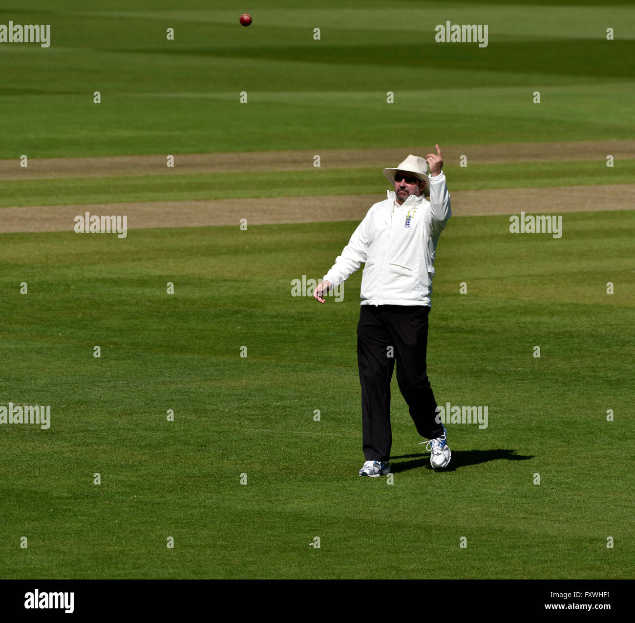 an umpire throws the ball to the captain of the fielding side at a ...