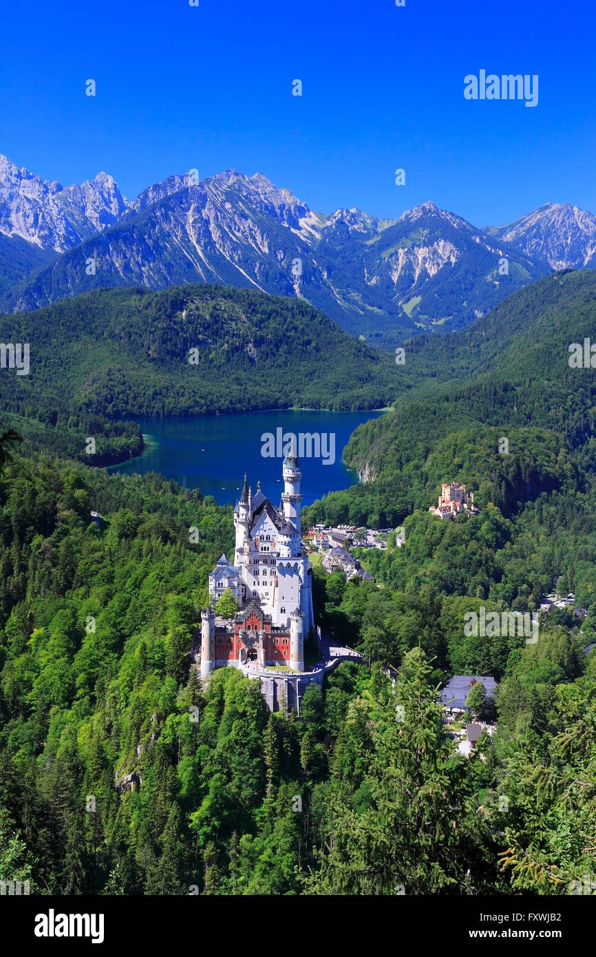 Neuschwanstein castle (M) with lake Alpsee and Hohenschwangau castle (r ...