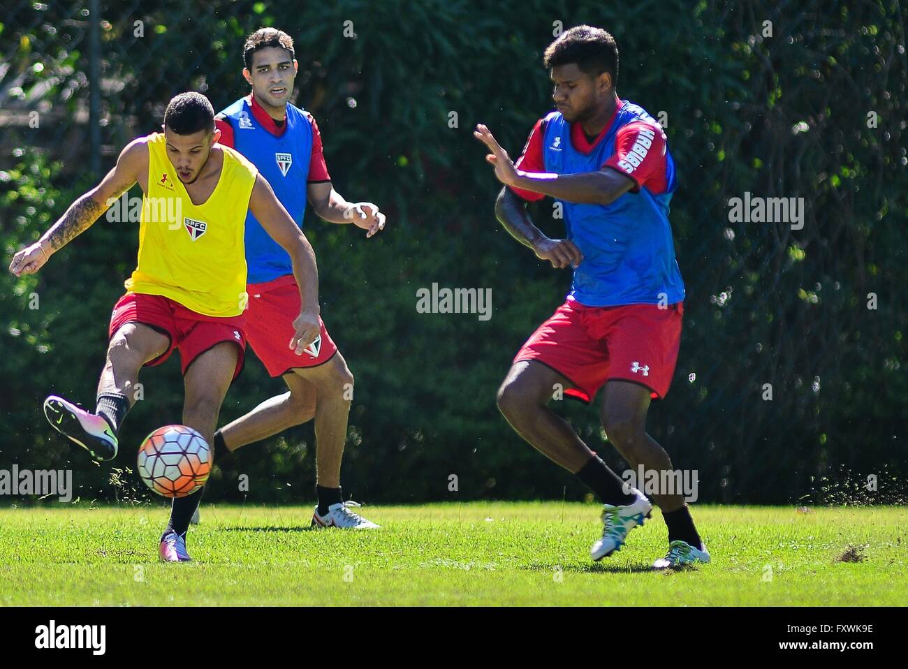 SAO PAULO, Brazil - 04/18/2015: TRAINING SPFC - Auro during training ...