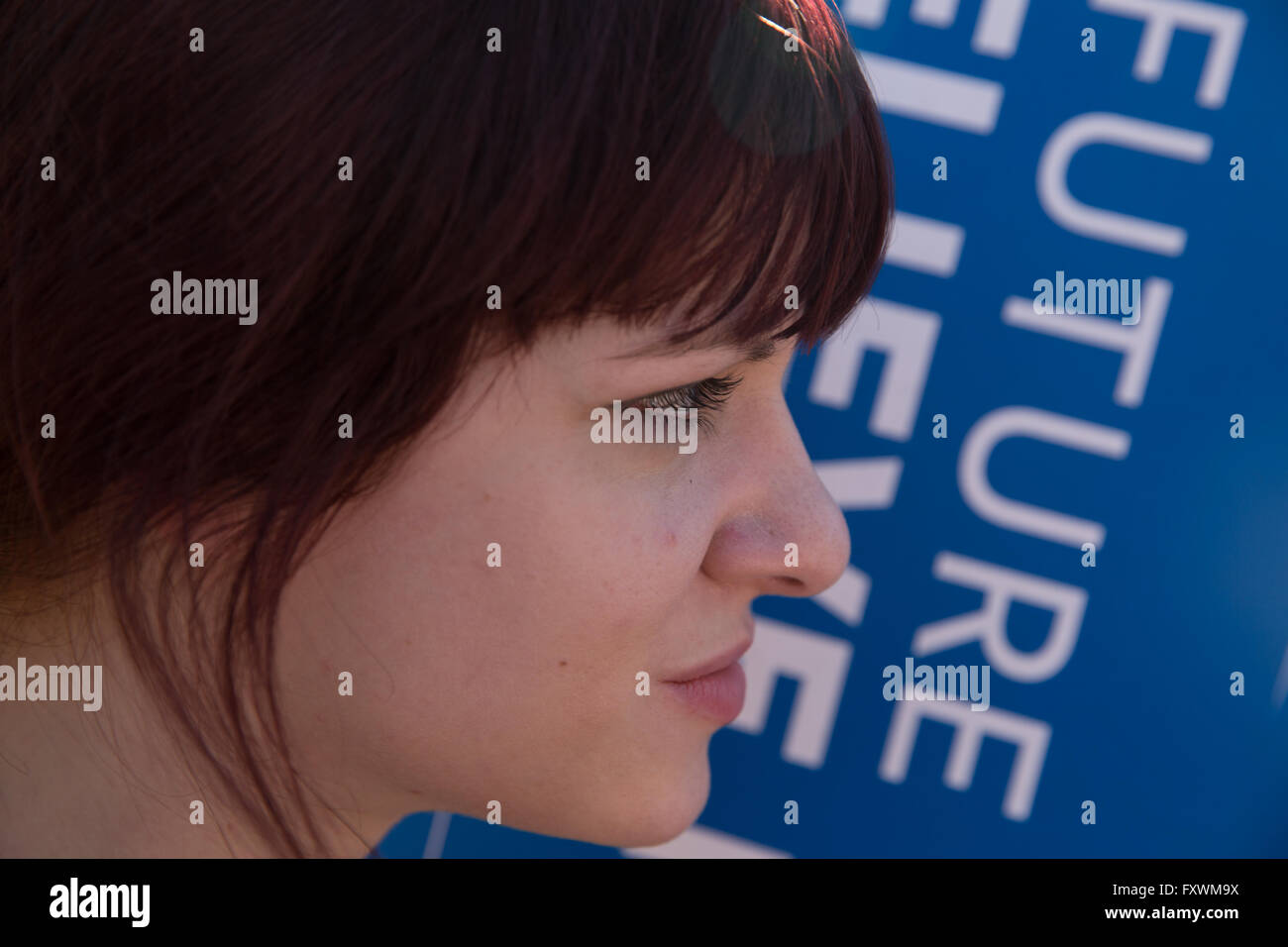 New York, USA. 17th Apr, 2016. A young lady awaits for Bernie Sanders ...