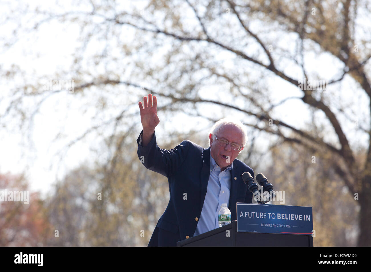 New York, USA. 17th Apr, 2016. Bernie Sanders waves at the crowd at ...